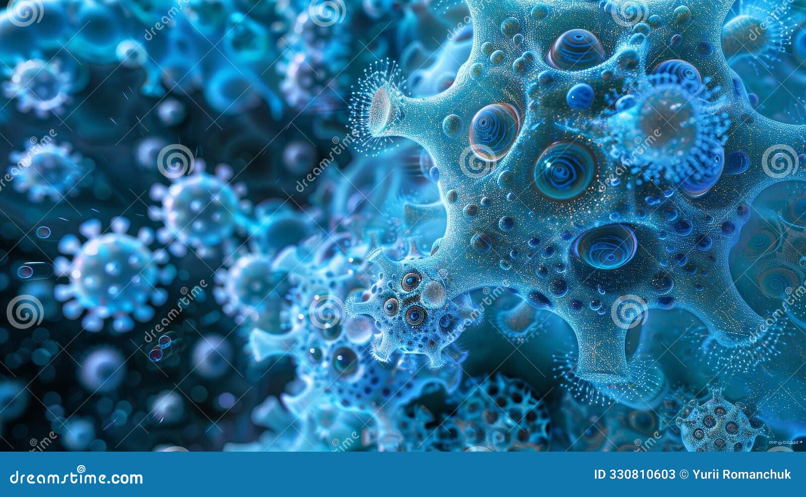 Magnified Blue Virus Texture Under Microscope, Revealing Intricate ...