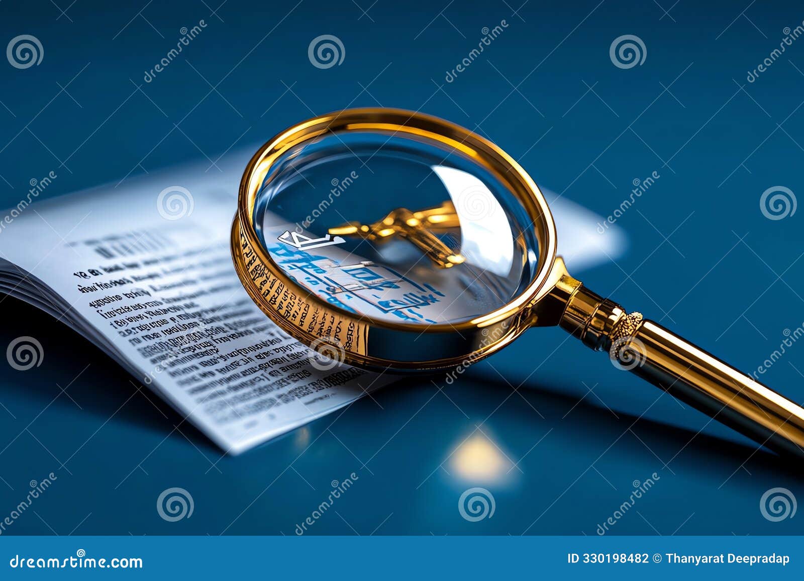 Magnified Document Inspection on Simple Blue Background Stock Photo ...