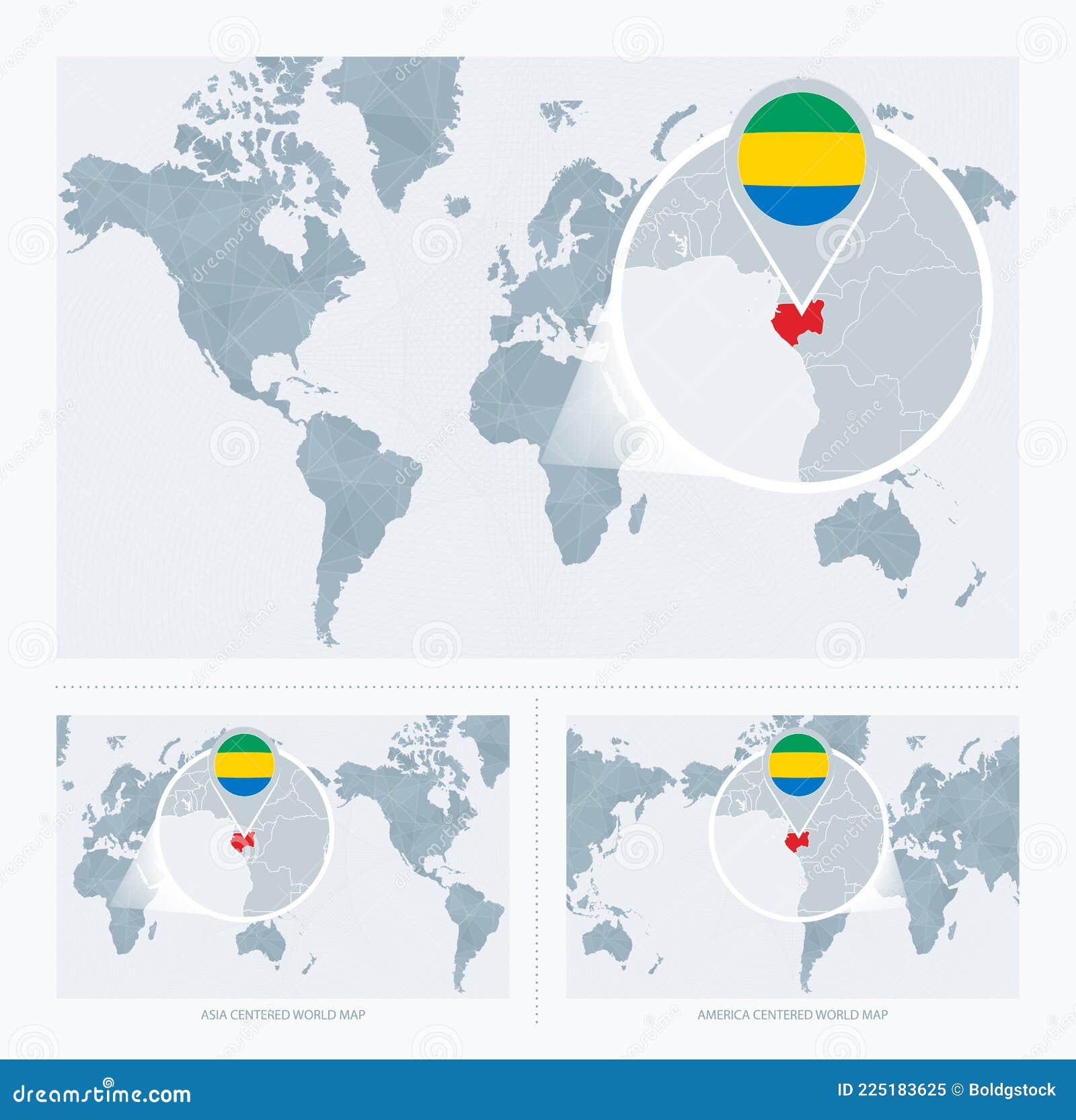 Magnified Gabon Over Map of the World, 3 Versions of the World Map with ...