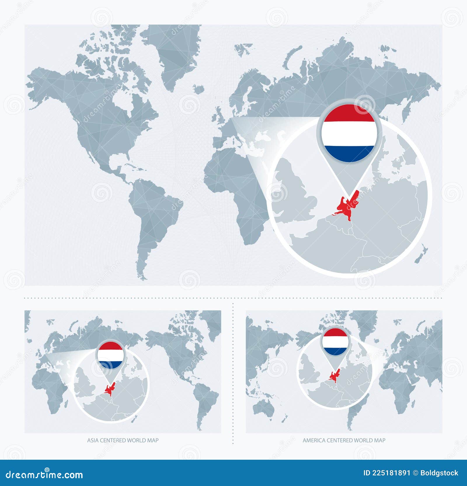 Magnified Netherlands Over Map of the World, 3 Versions of the World ...