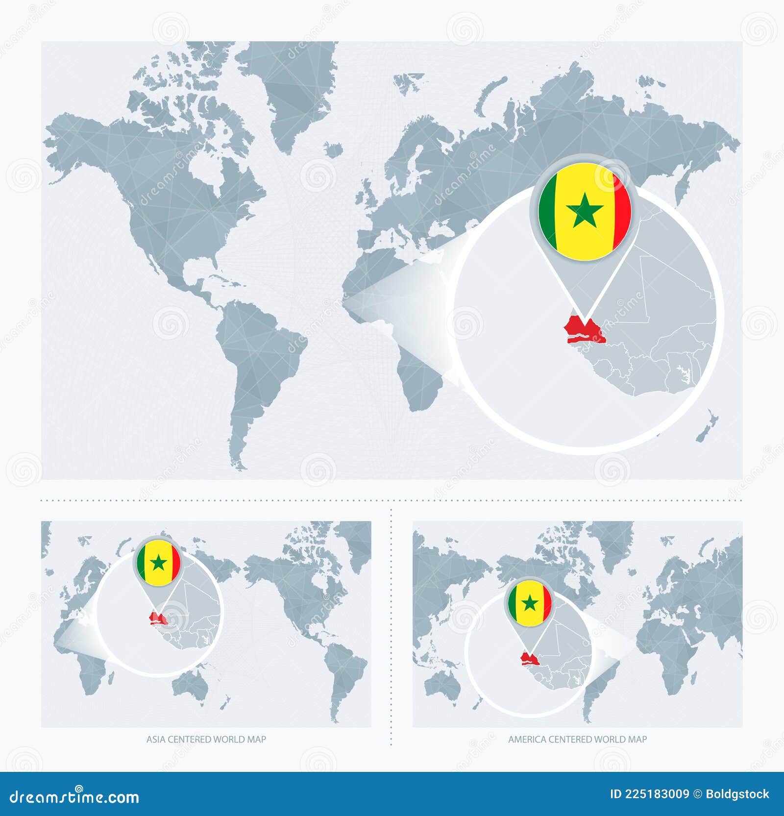 Magnified Senegal Over Map of the World, 3 Versions of the World Map ...