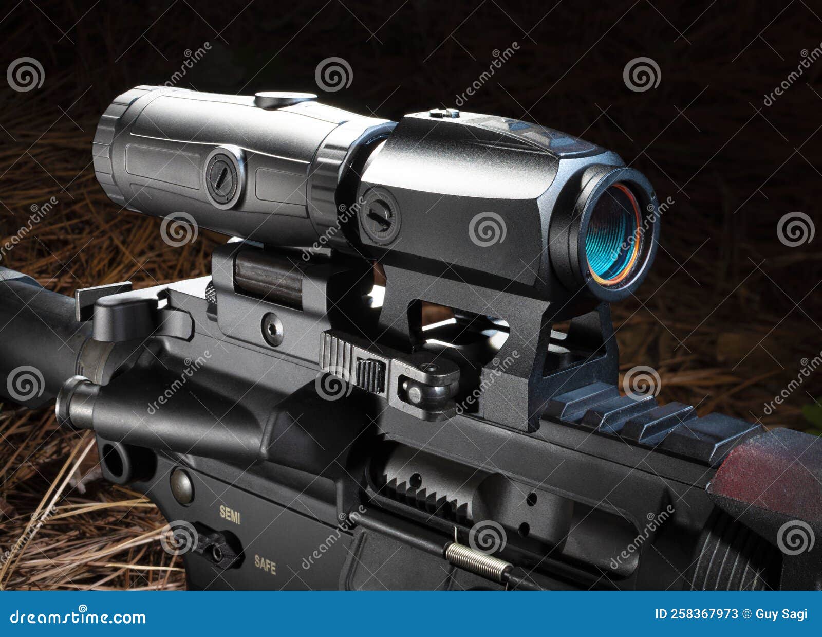 Magnifier Behind a Red Dot Sight on a Modern Sporting Rifle Stock Image ...