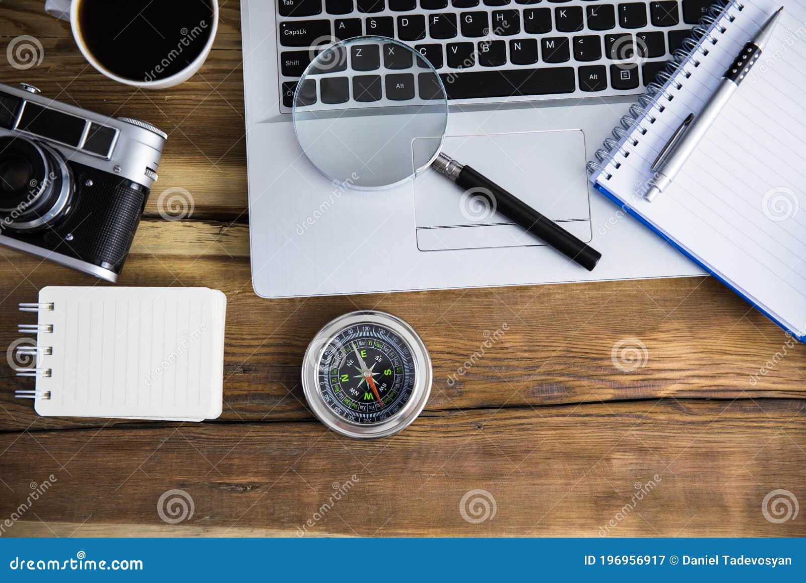 Magnifier with Compass and Camera on Computer Stock Image - Image of ...
