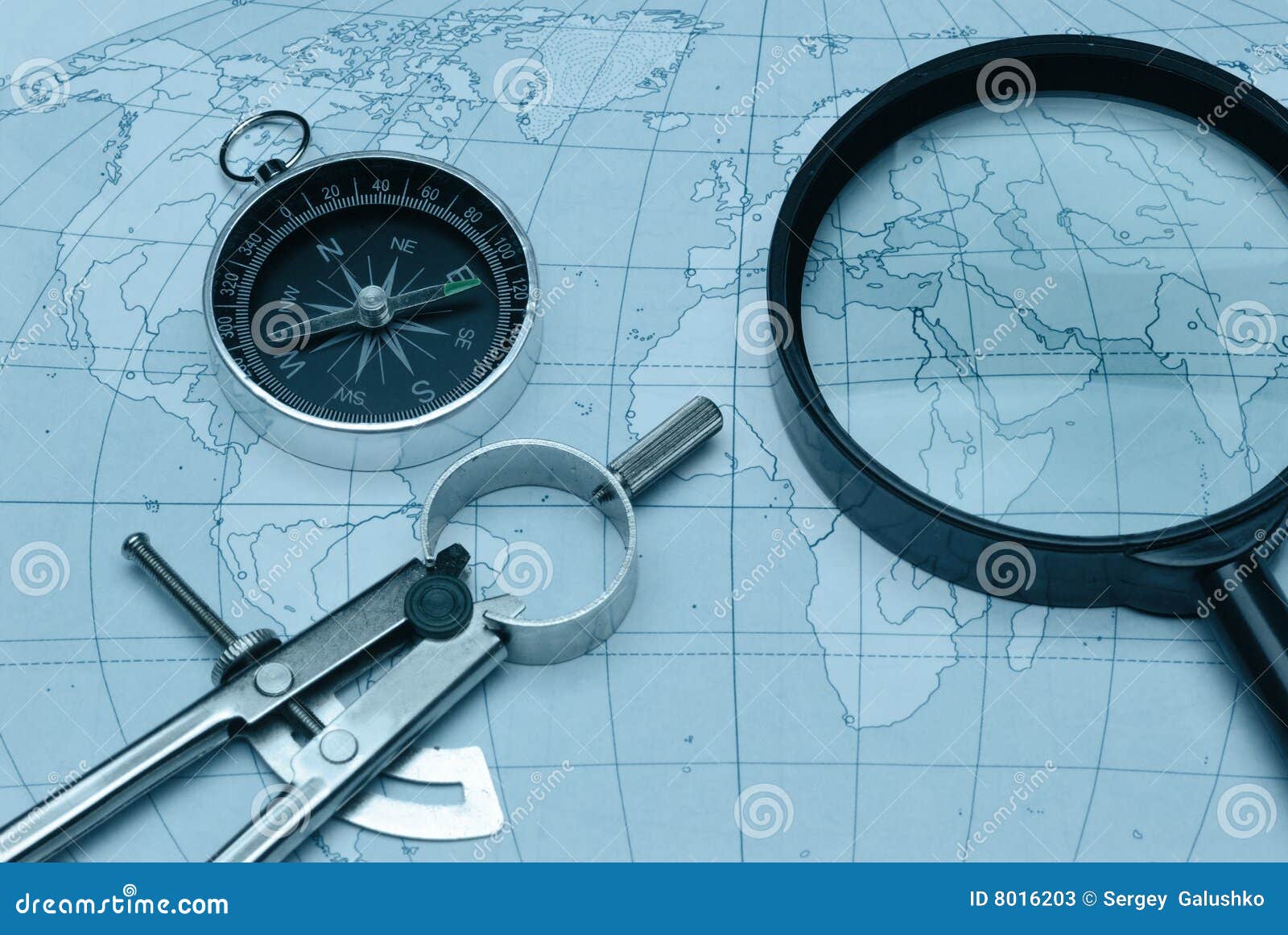 Magnifier , Compass and Map Stock Image - Image of instrument, concepts ...