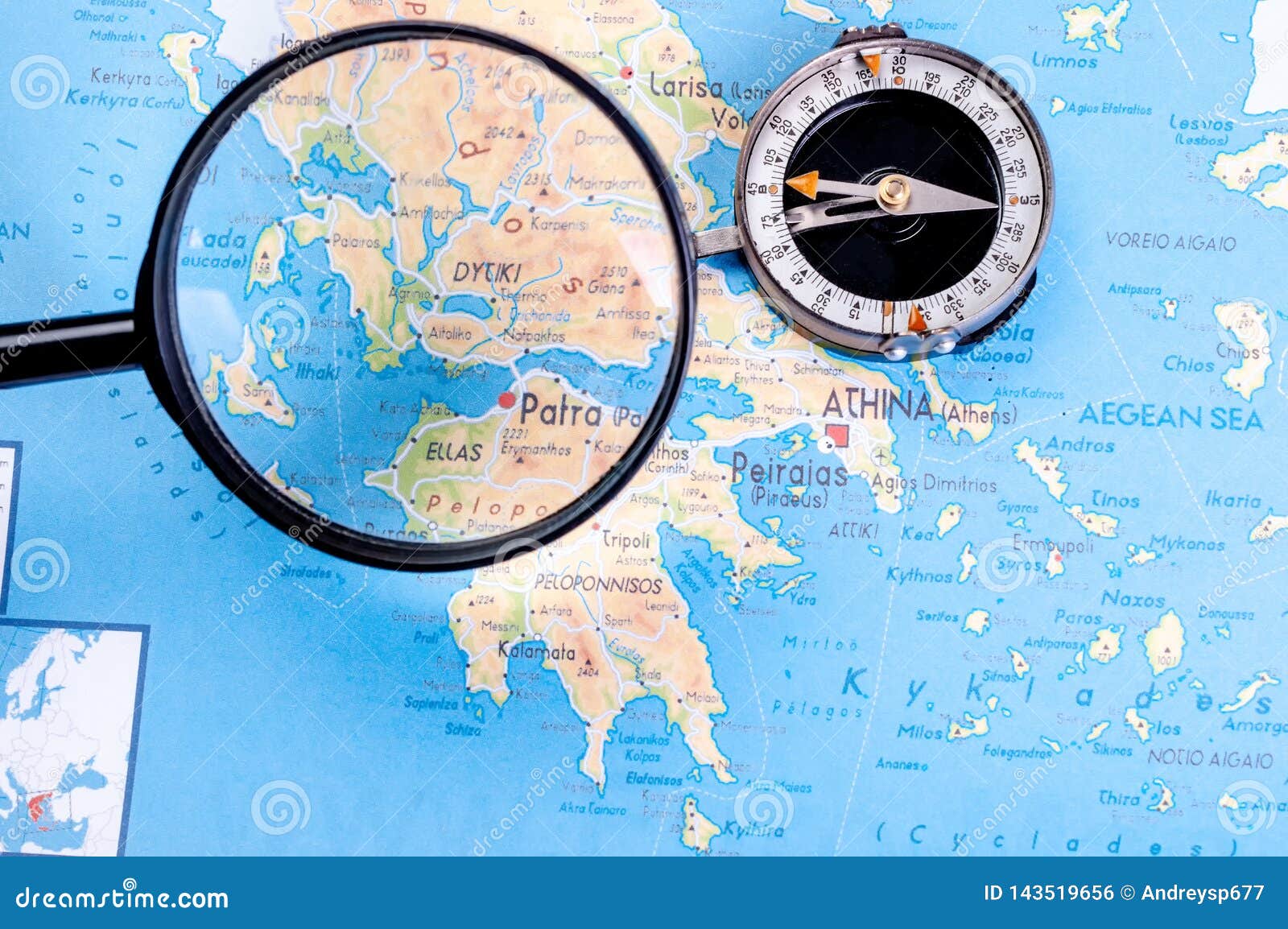Magnifier and Compass on a Map Stock Photo - Image of search, loupe ...