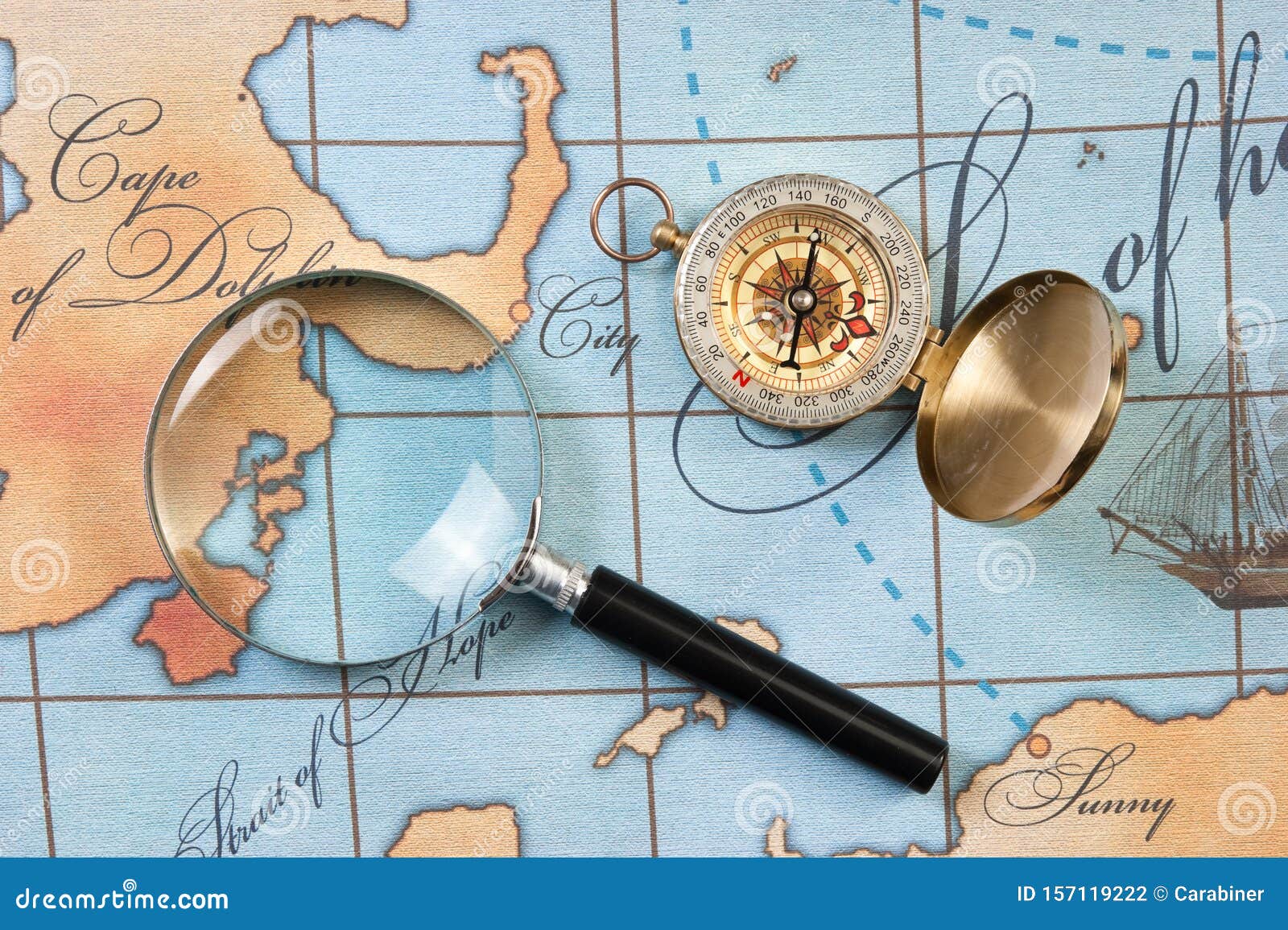 Magnifier and Compass on Map Stock Photo - Image of camping, loupe ...