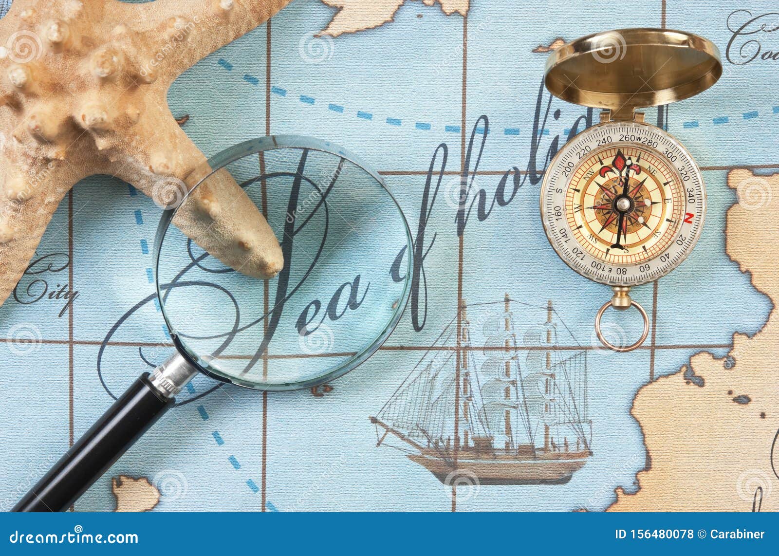 Magnifier and Compass on Map Stock Photo - Image of equipment, loupe ...