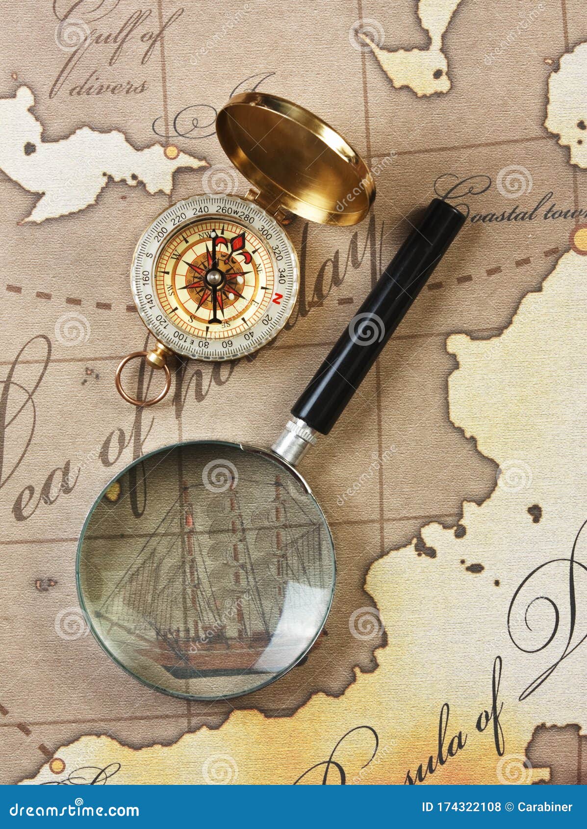 Magnifier and Compass on Map Stock Photo - Image of east, atoll: 174322108