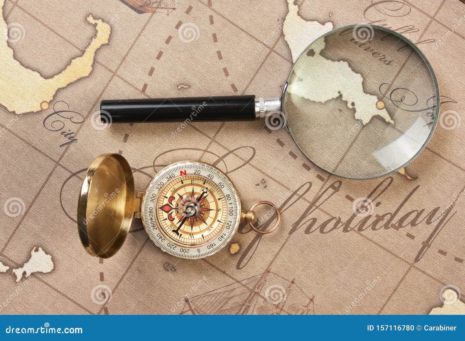 Magnifier and Compass on Map Stock Photo - Image of explorer, equipment ...