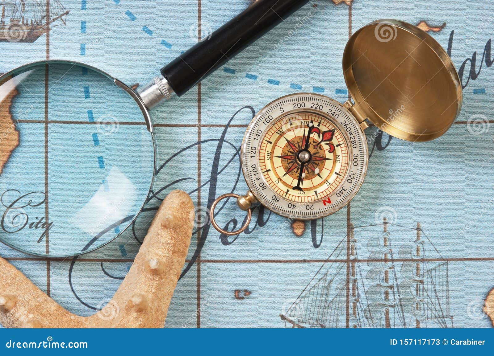 Magnifier and Compass on Map Stock Image - Image of explorer, scout ...