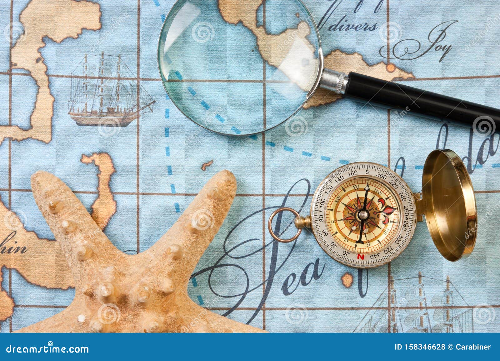 Magnifier and Compass on Map Stock Photo - Image of geography ...