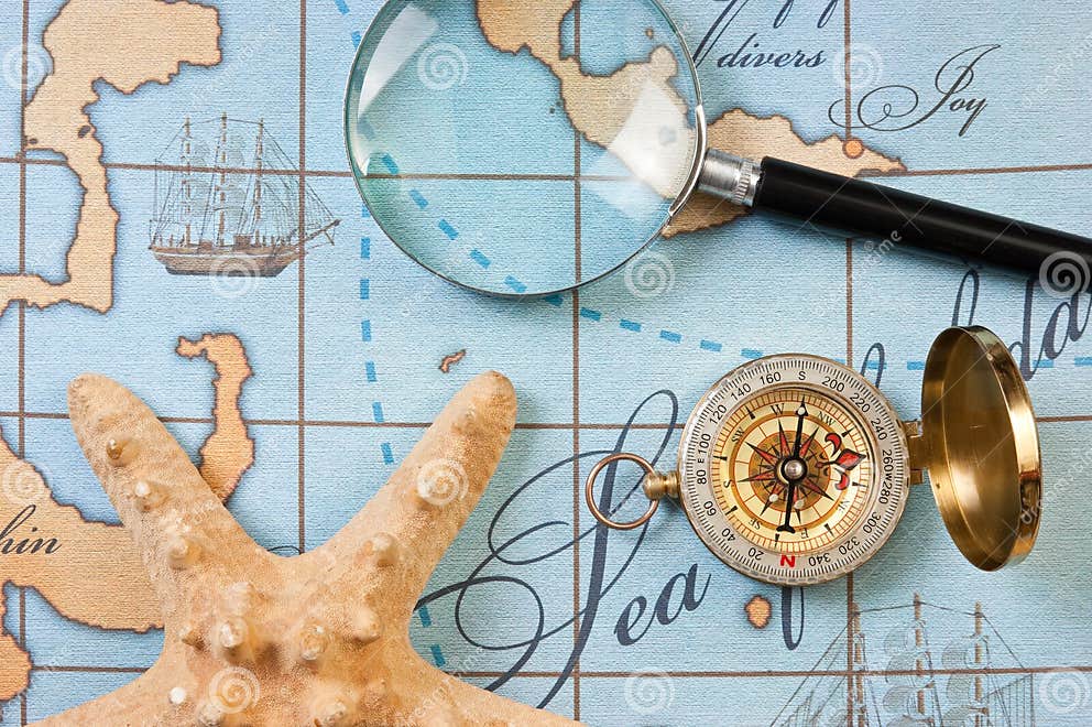 Magnifier and Compass on Map Stock Photo - Image of geography ...