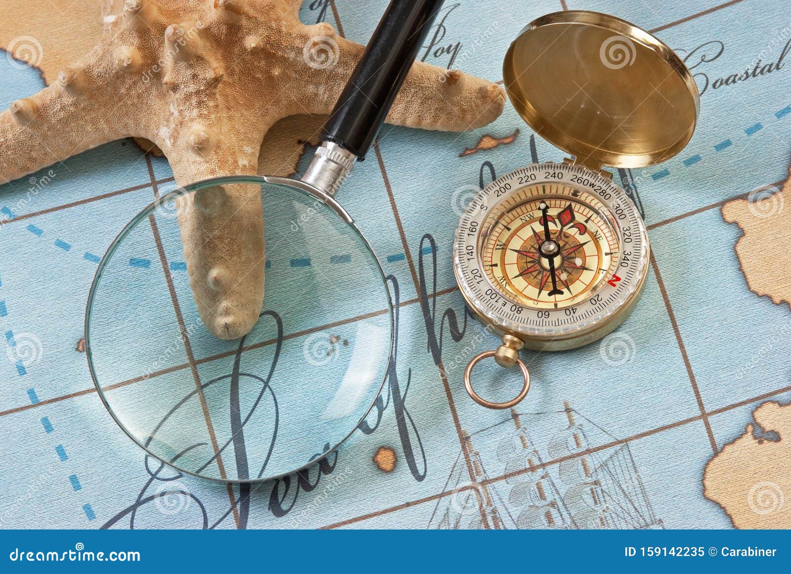 Magnifier and Compass on Map Stock Image - Image of paper, lagoon ...