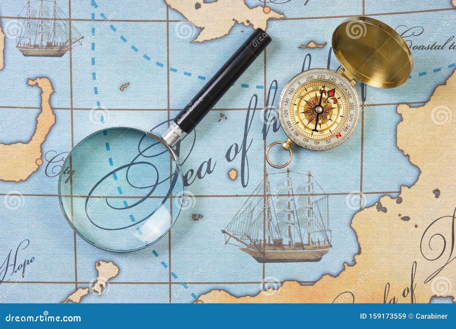 Magnifier and Compass on Map Stock Image - Image of explorer, scout ...
