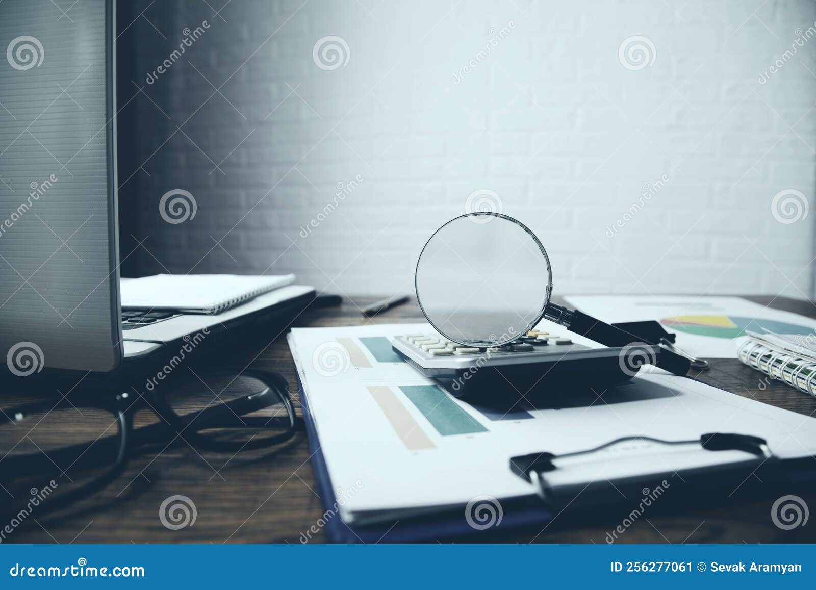 Magnifier with Computer Office Desk Stock Image - Image of table ...