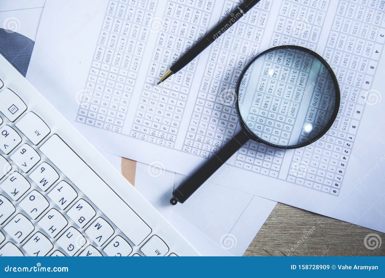 Magnifier with Document and Keyboard Stock Image - Image of table ...