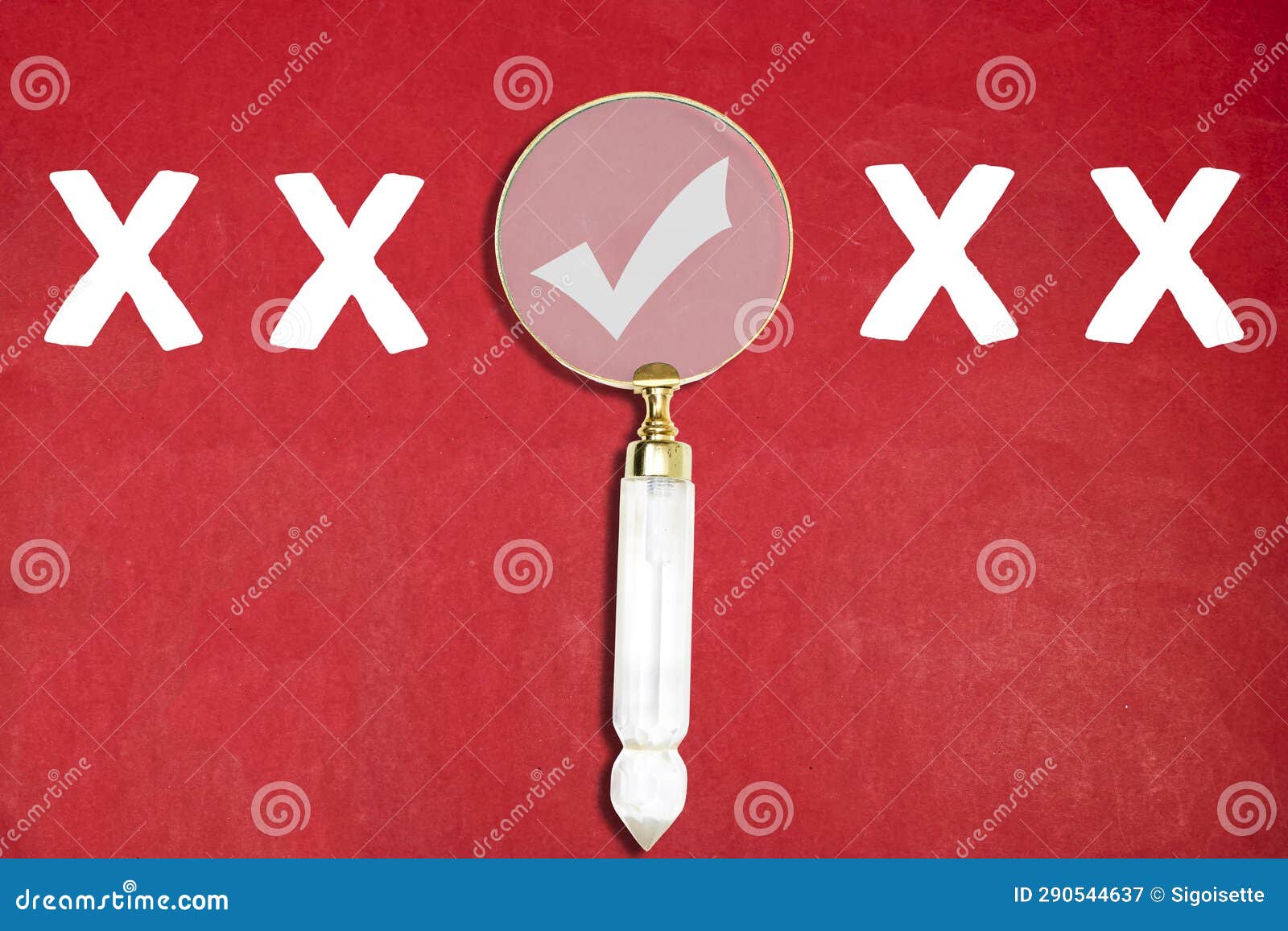 Magnifier Enlarging the Correct or Check Mark on Red Background. Stock ...