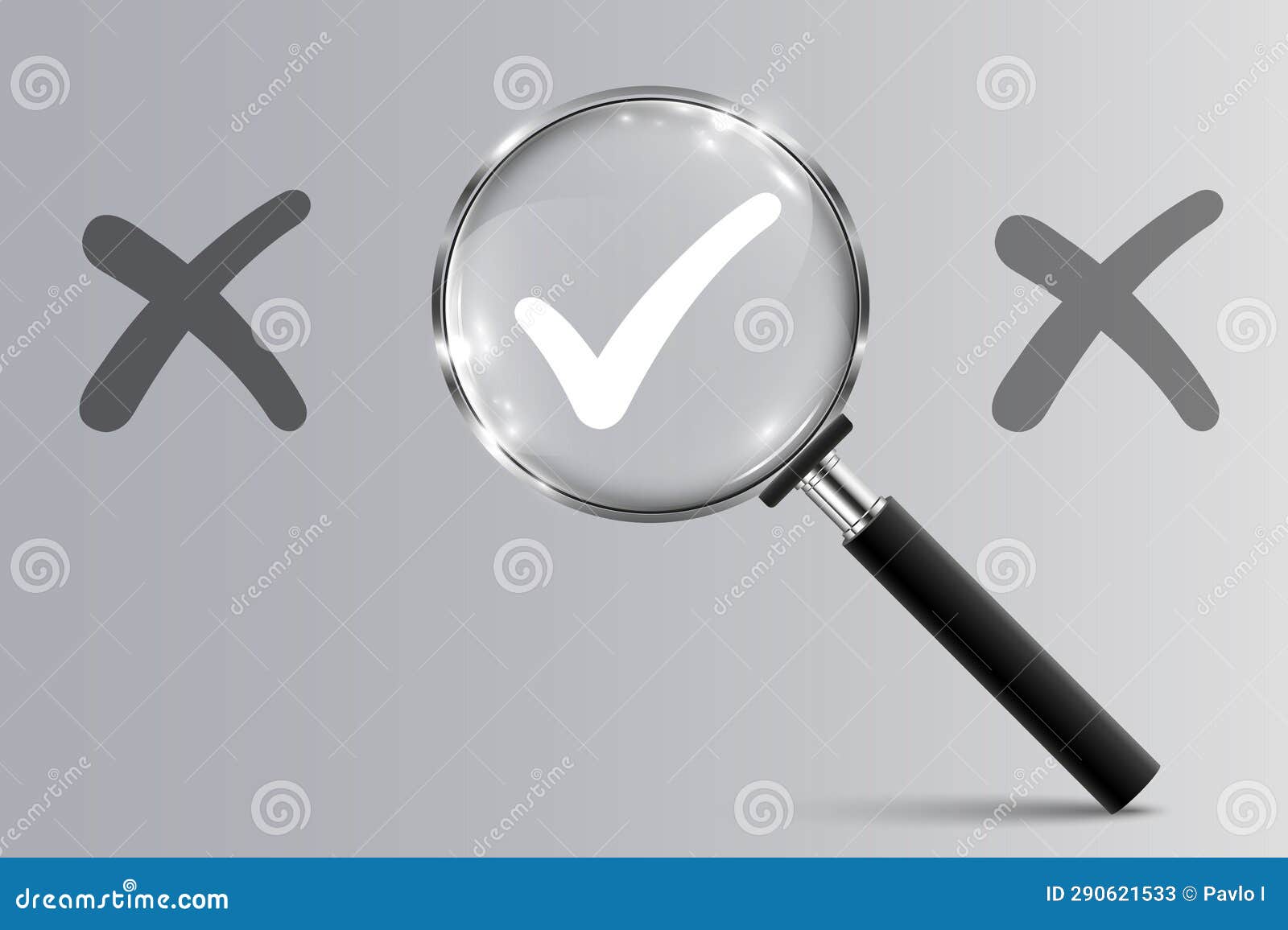 Magnifier Enlarging the Correct Check Mark from among the Wrong Options ...