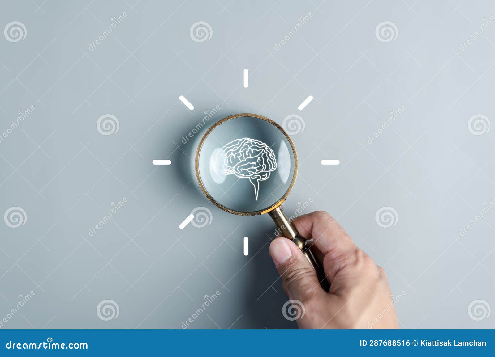 Magnifier Focus To Human Brain Icon with Light Bulb Stock Photo - Image ...
