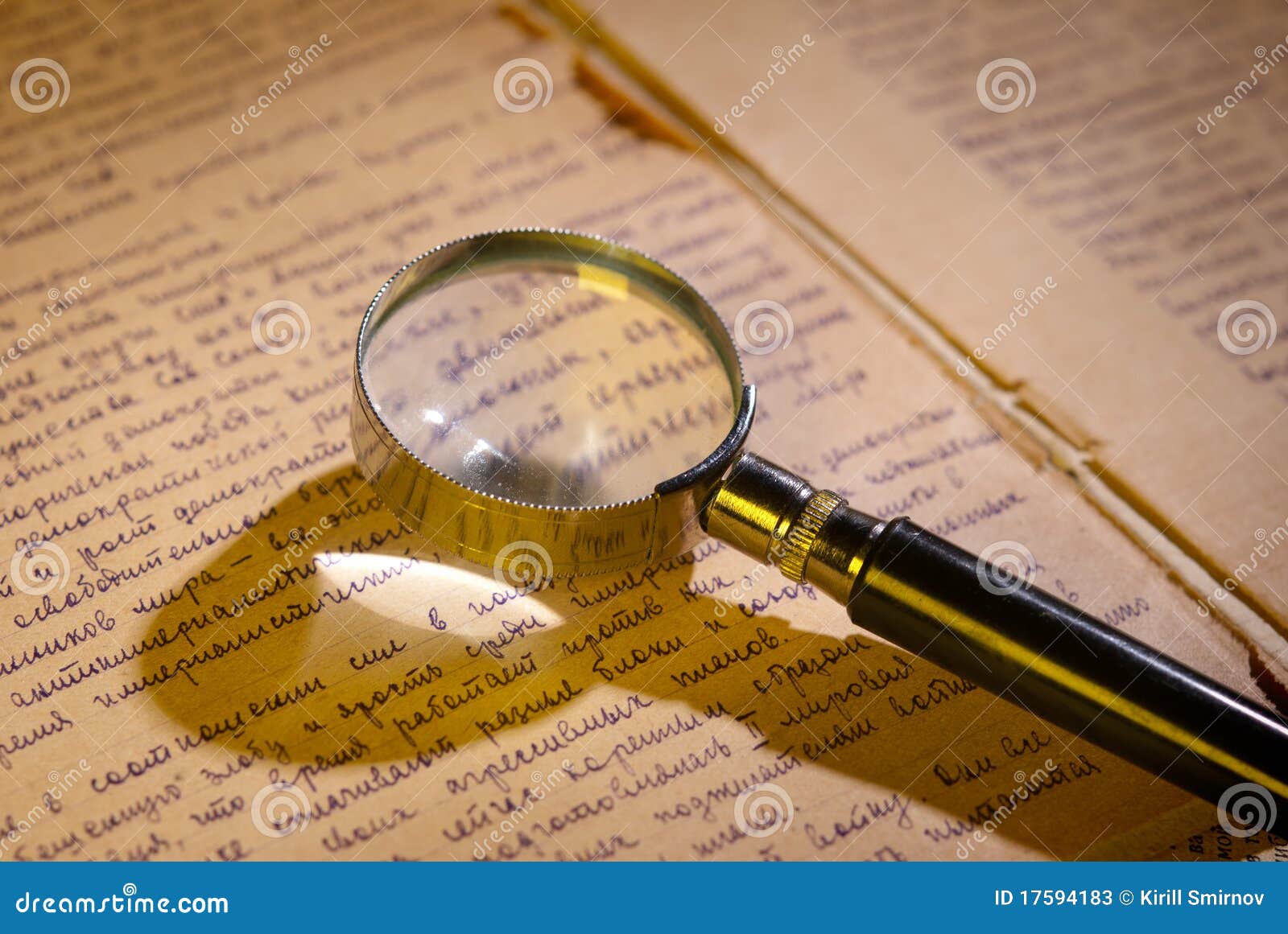 Magnifier Glass on Page of Ancient Manuscript Stock Image - Image of ...