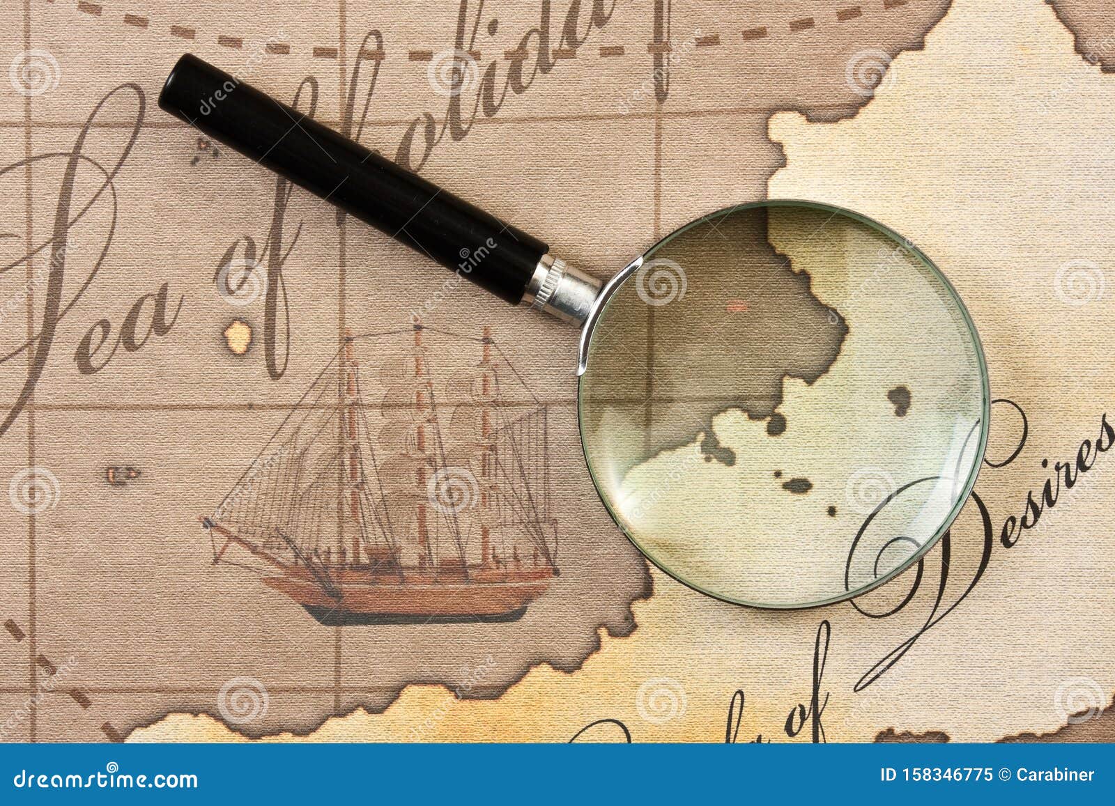 Magnifier on map stock image. Image of east, south, island - 158346775