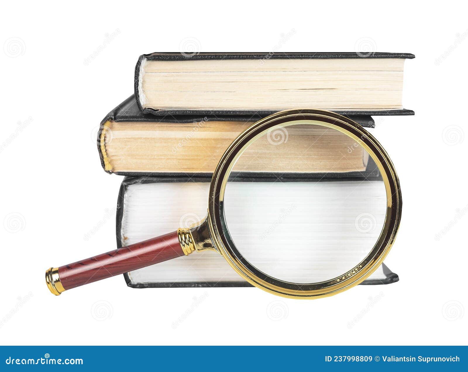 Magnifier Over Stack of Paper Books Isolated on White. Concept of ...