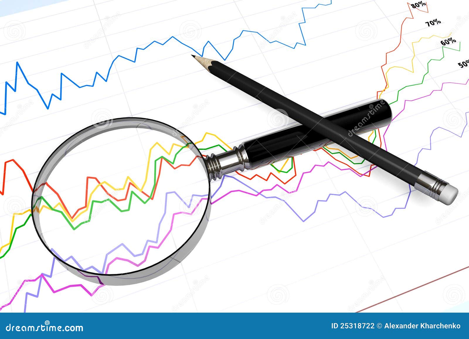 Magnifier with Pencil and Diagram Stock Illustration - Illustration of ...