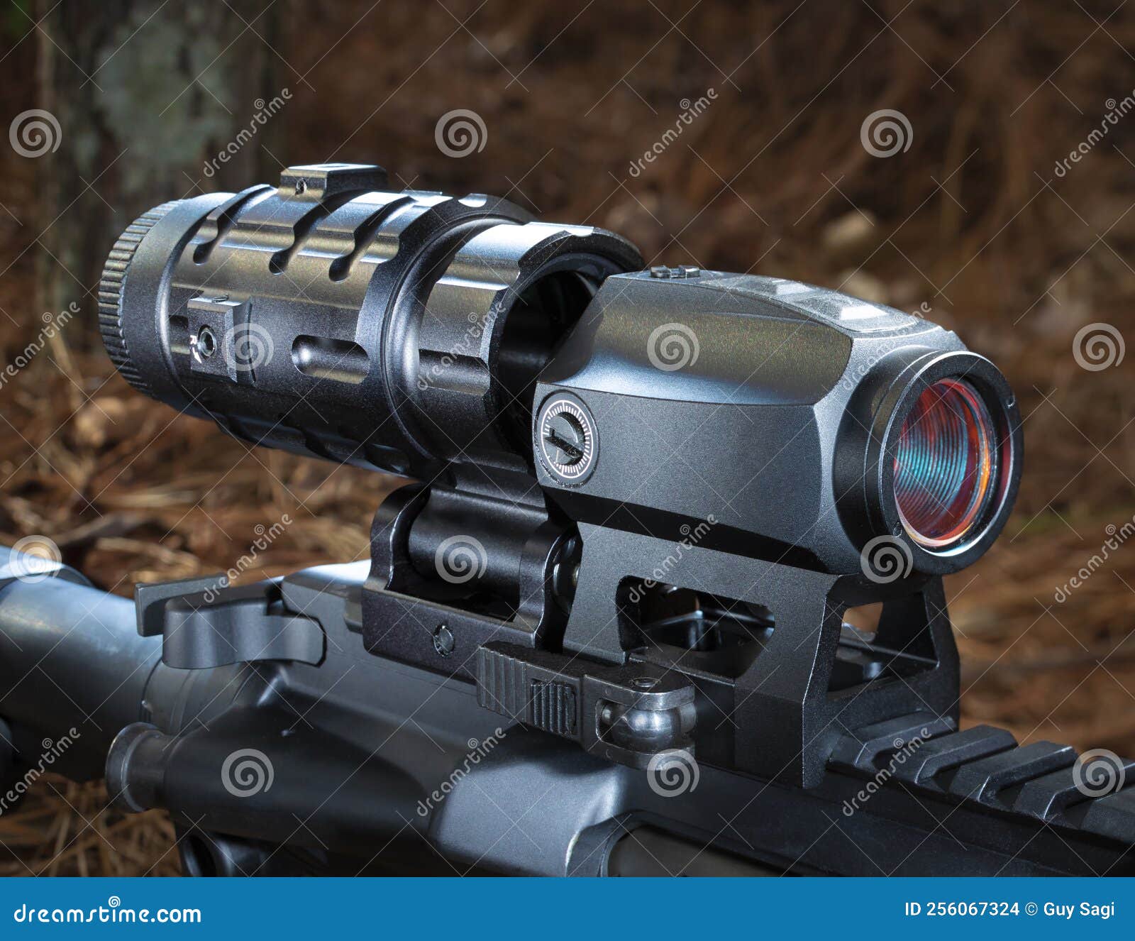 Magnifier and Red Dot Sight on an AR-15 Stock Photo - Image of rubber ...