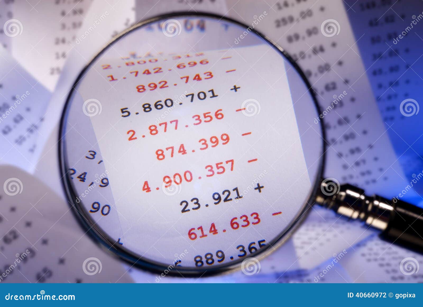 Magnifier and red numbers stock photo. Image of accounting - 40660972