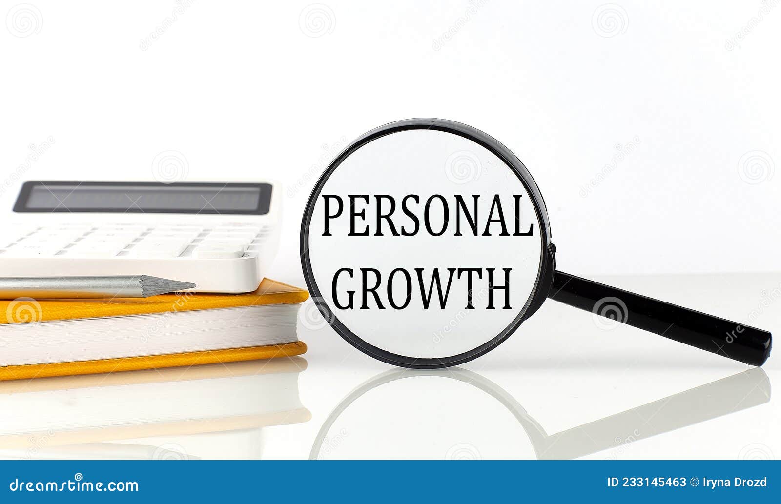 Magnifier with Text PERSONAL GROWTH with Notebook, Calculator on White ...