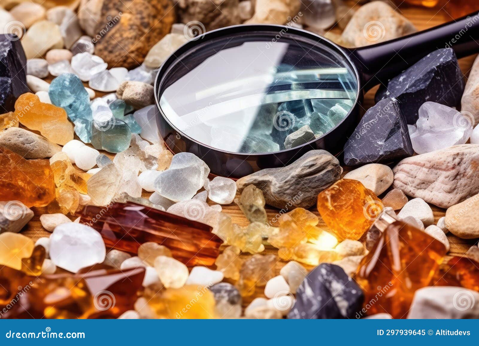 A Magnifying Glass beside an Array of Minerals on a Table Stock Image ...