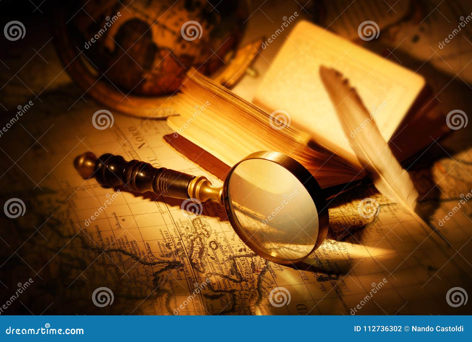 Magnifying Glass With Book, Pen And World Map On Old Map Royalty-Free ...