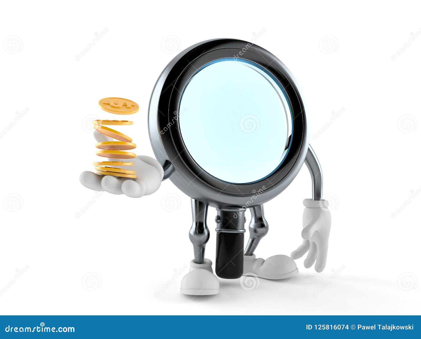 Magnifying Glass Character with Stack of Coins Stock Illustration ...