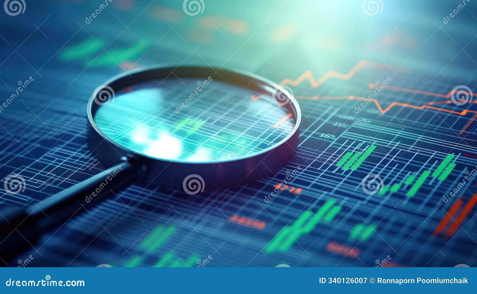 A Magnifying Glass is on a Chart with Numbers and Lines Stock ...
