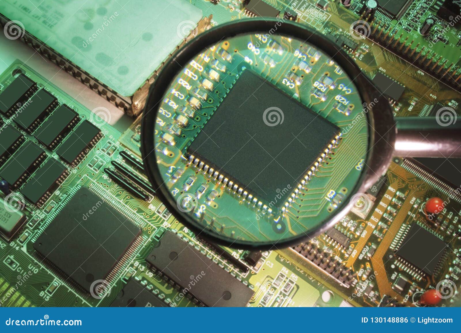Magnifying Glass on Circuit Board Stock Photo - Image of motherboard ...