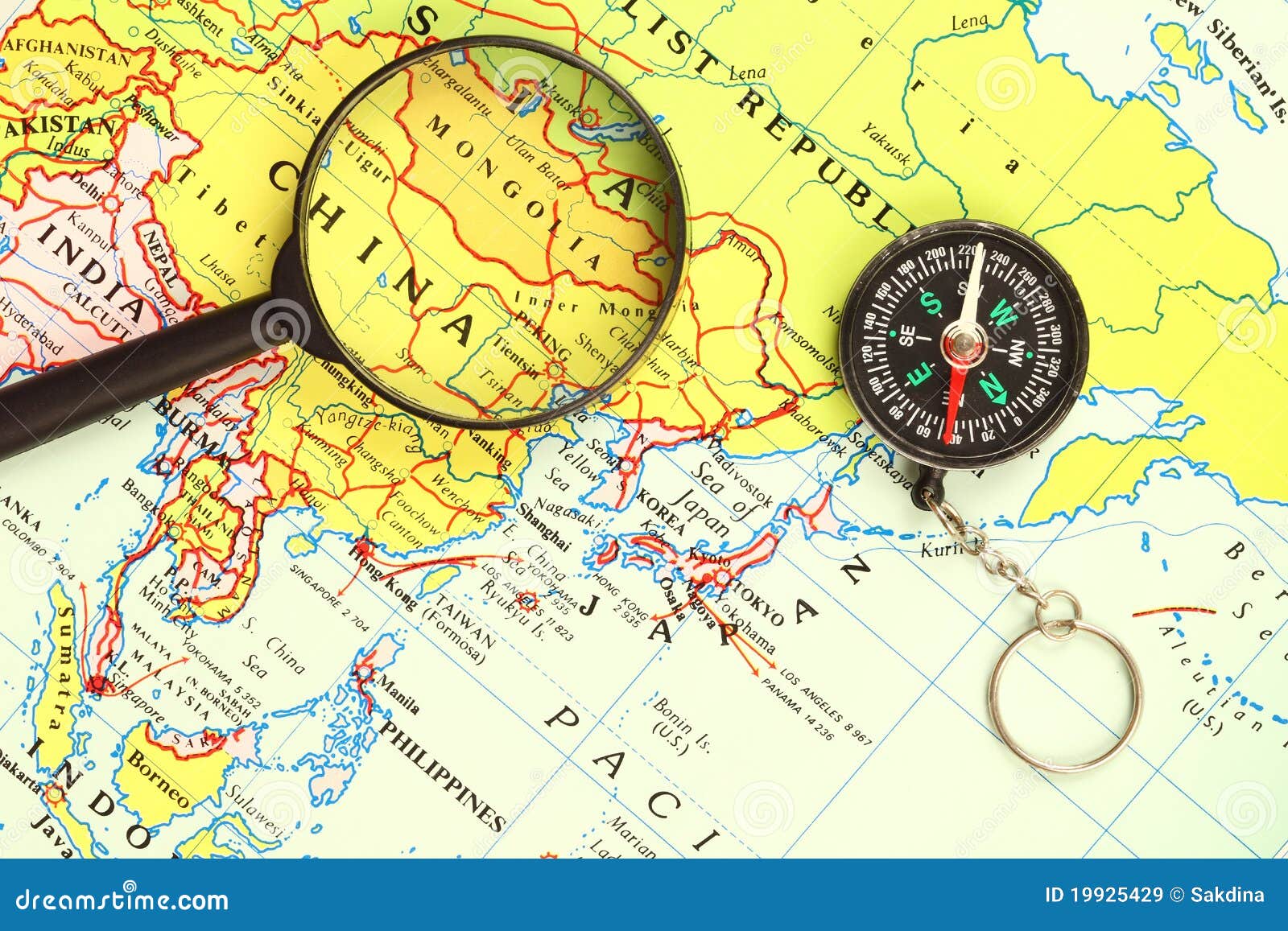 Magnifying Glass , a Compass and a Map Stock Image - Image of ...