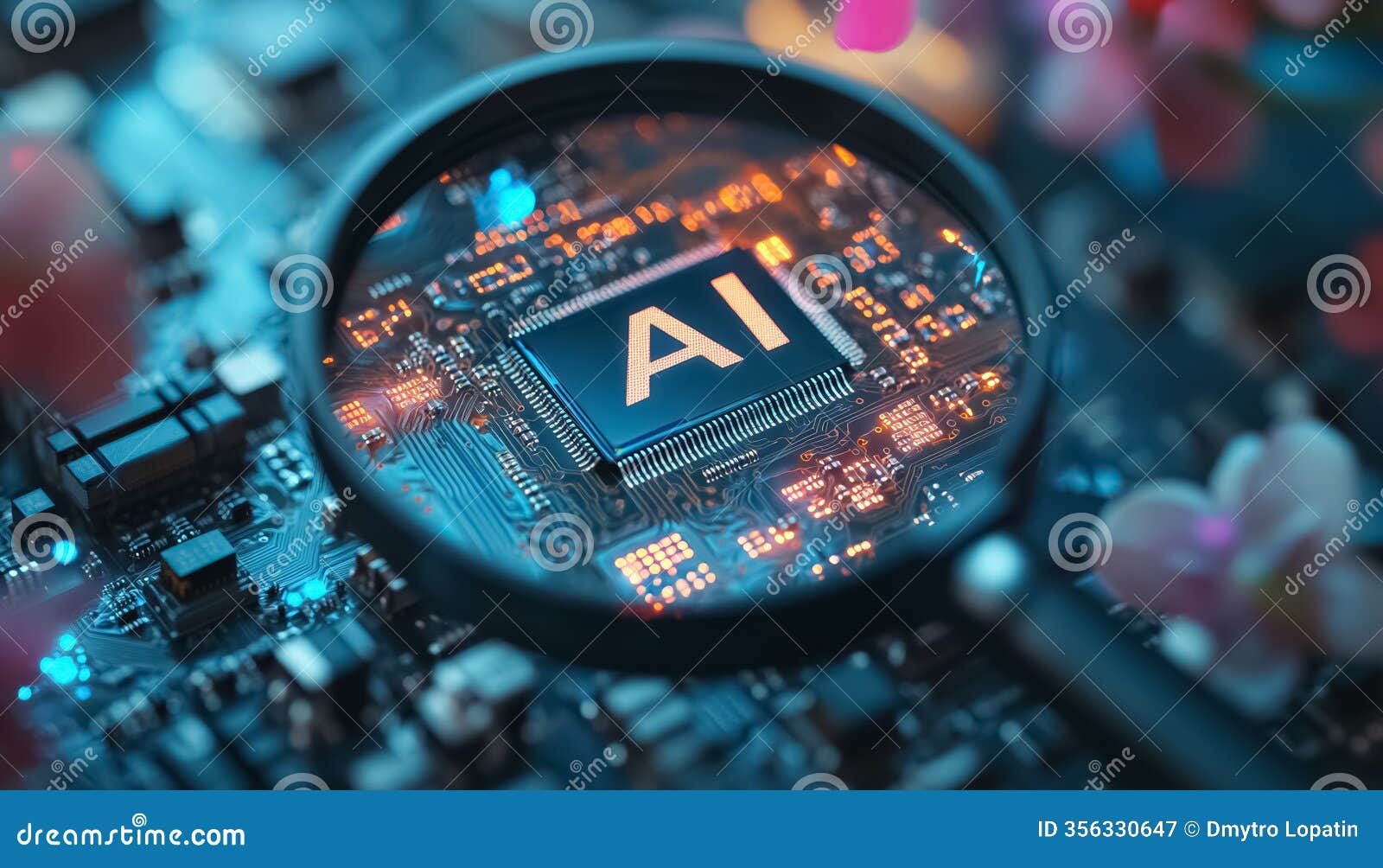 Magnifying Glass by Dedicated AI Microchip Over Circuit Board ...