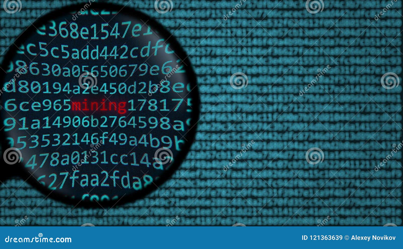 Magnifying Glass Discovers Word Mining on Computer Screen. 3D Rendering ...