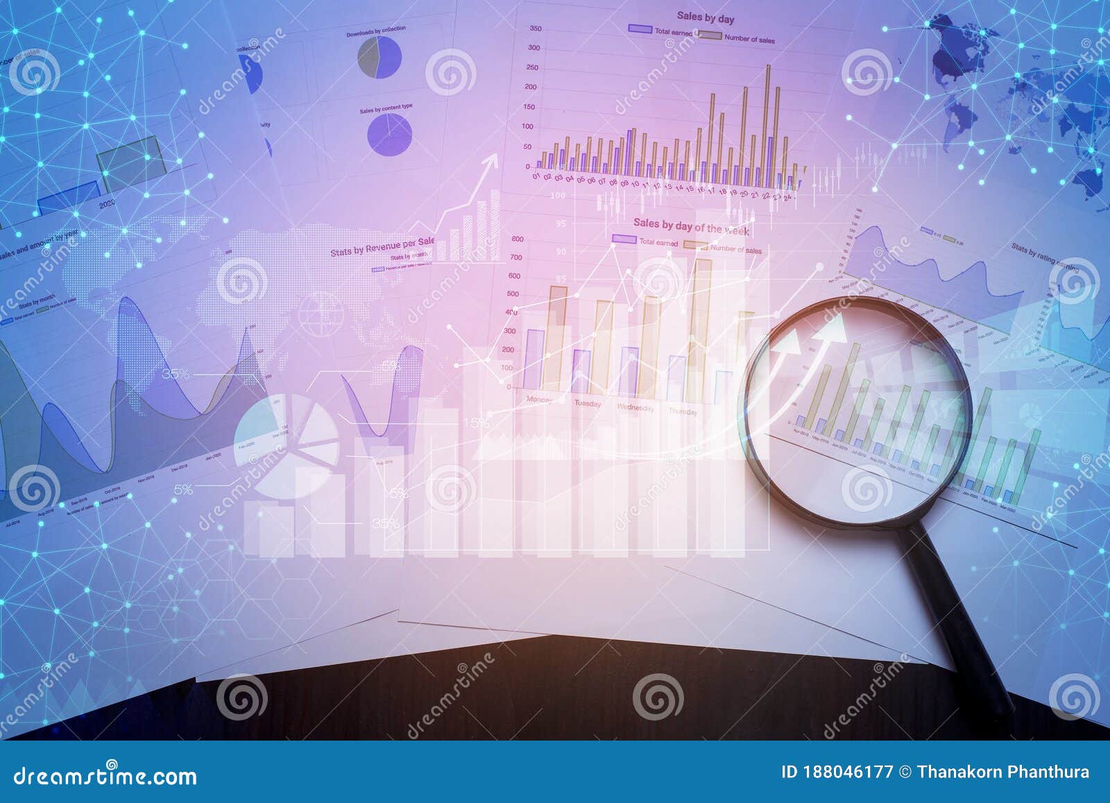 Magnifying Glass and Documents with Analytics Data Lying on Table Stock ...