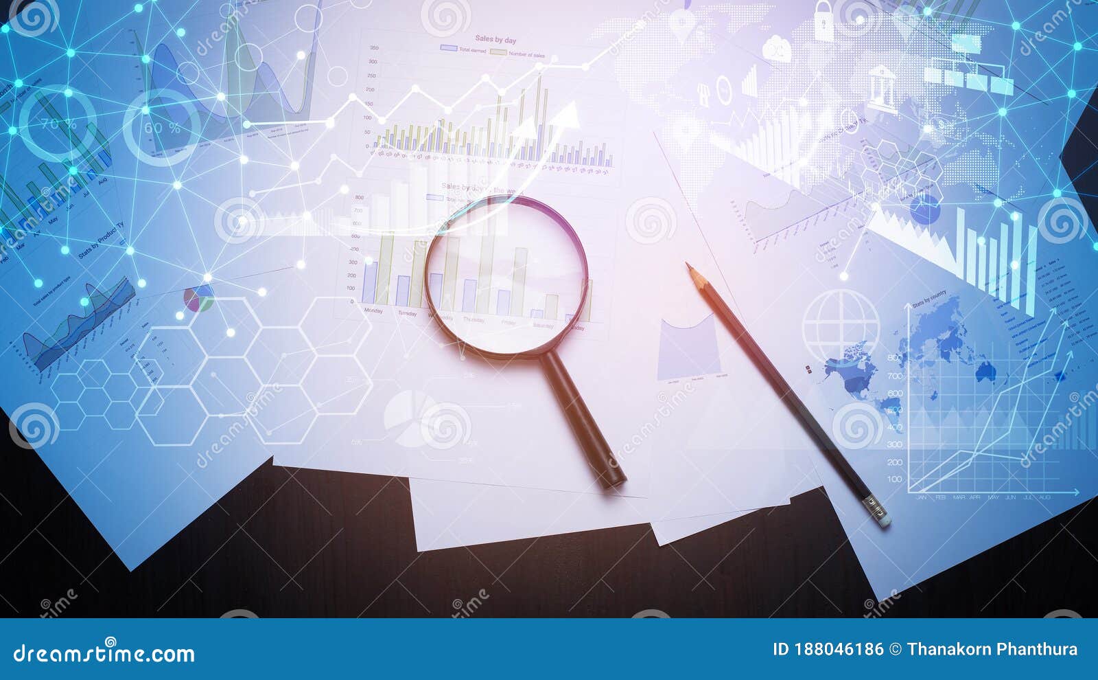 Magnifying Glass and Documents with Analytics Data Lying on Table Stock ...