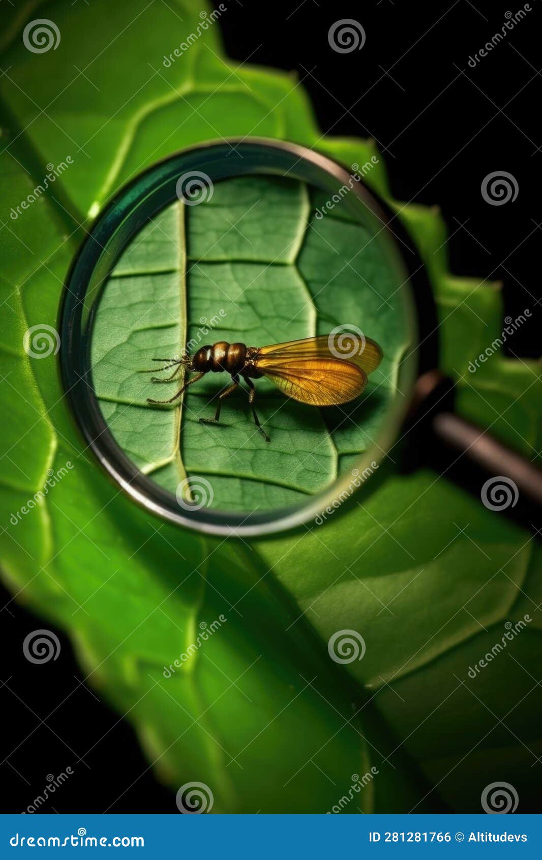 Magnifying Glass Enlarging a Tiny Insect on a Leaf Stock Illustration ...