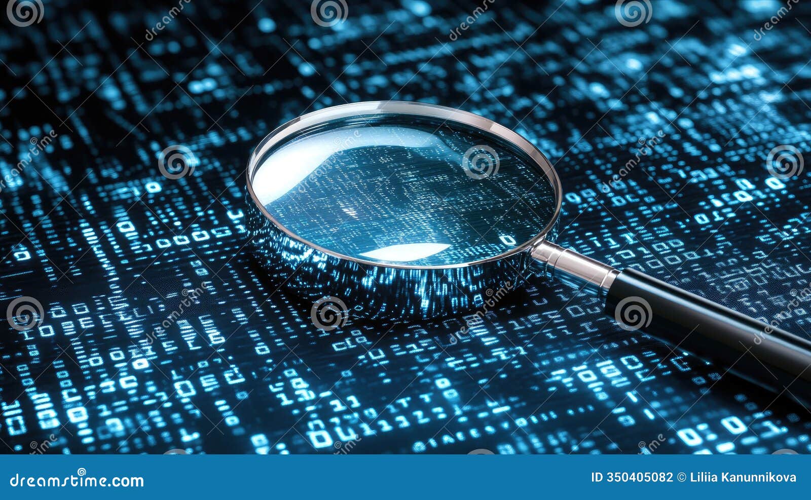 A Magnifying Glass Examines Blue Binary Code, Illustrating the ...