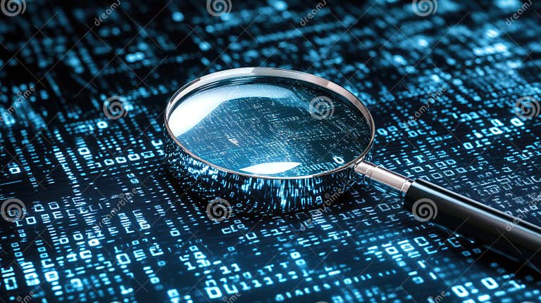A Magnifying Glass Examines Blue Binary Code, Illustrating the ...