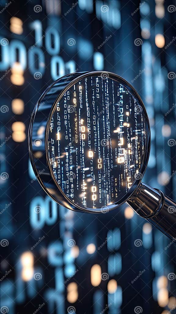 A Magnifying Glass Examines Blue Binary Code, Illustrating the ...