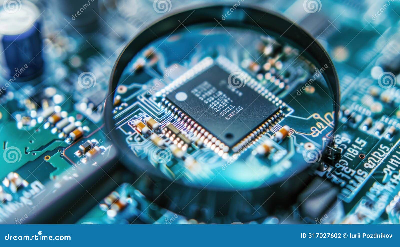 Magnifying Glass Examines an Electronic Component on a Motherboard ...