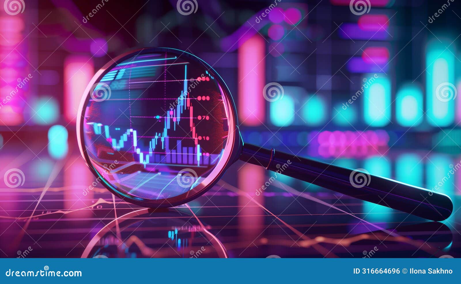 A Magnifying Glass Examines a Graph on a Computer Screen Stock ...