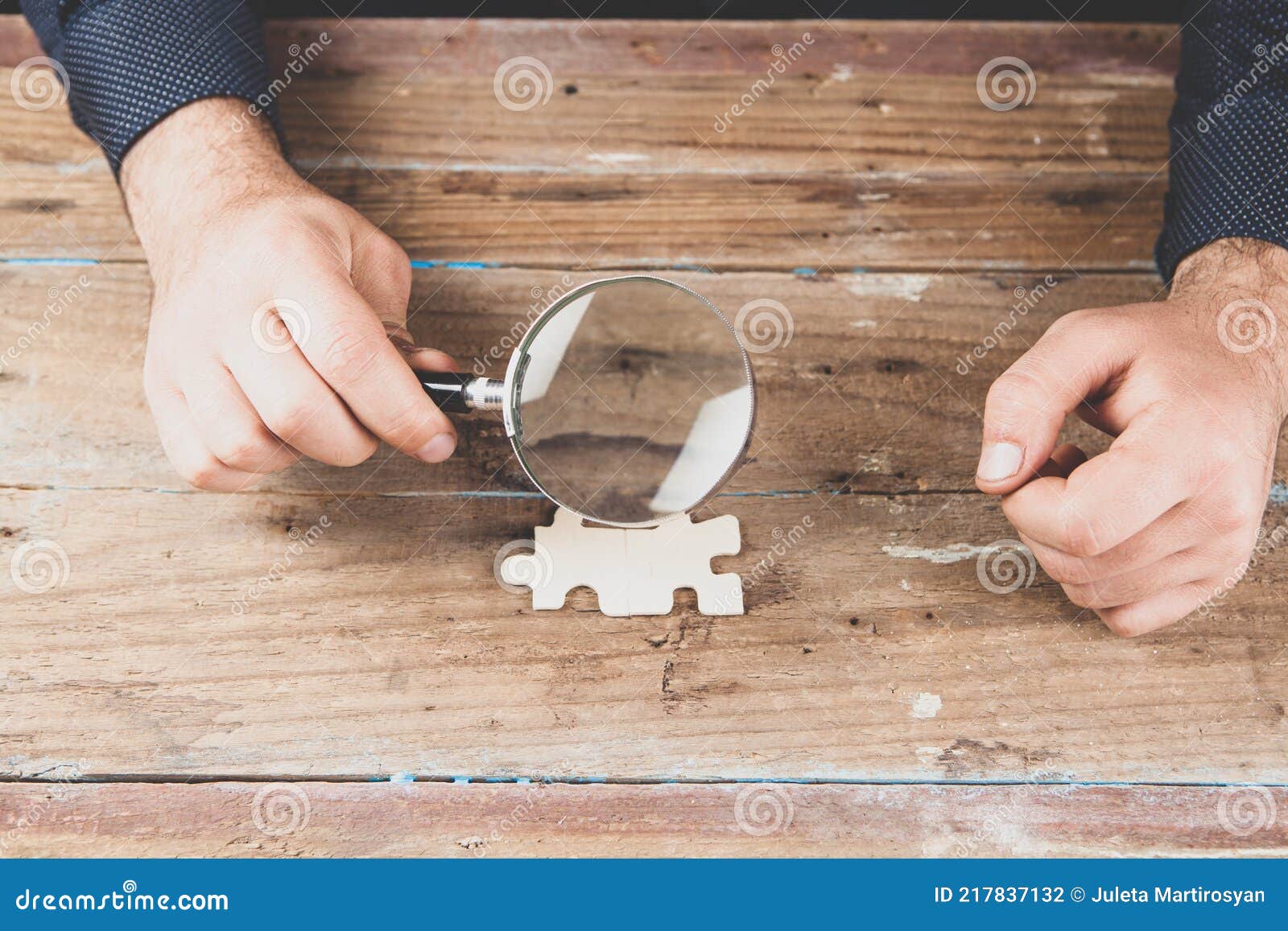 Magnifying Glass Examines Puzzle Pieces Stock Photo - Image of teamwork ...