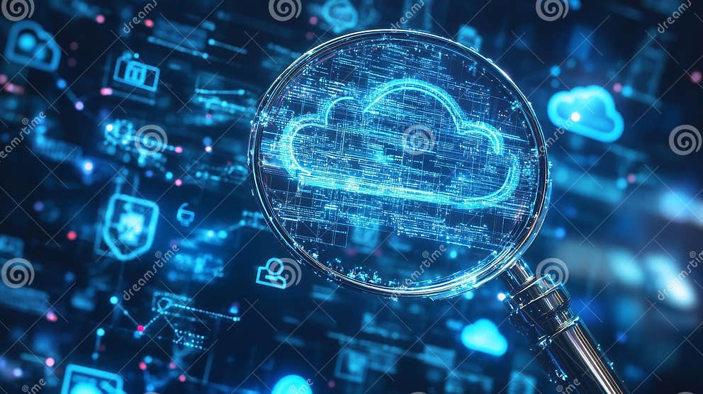 Magnifying Glass Focusing on Cloud Computing Network and Digital Data Security Stock Image ...