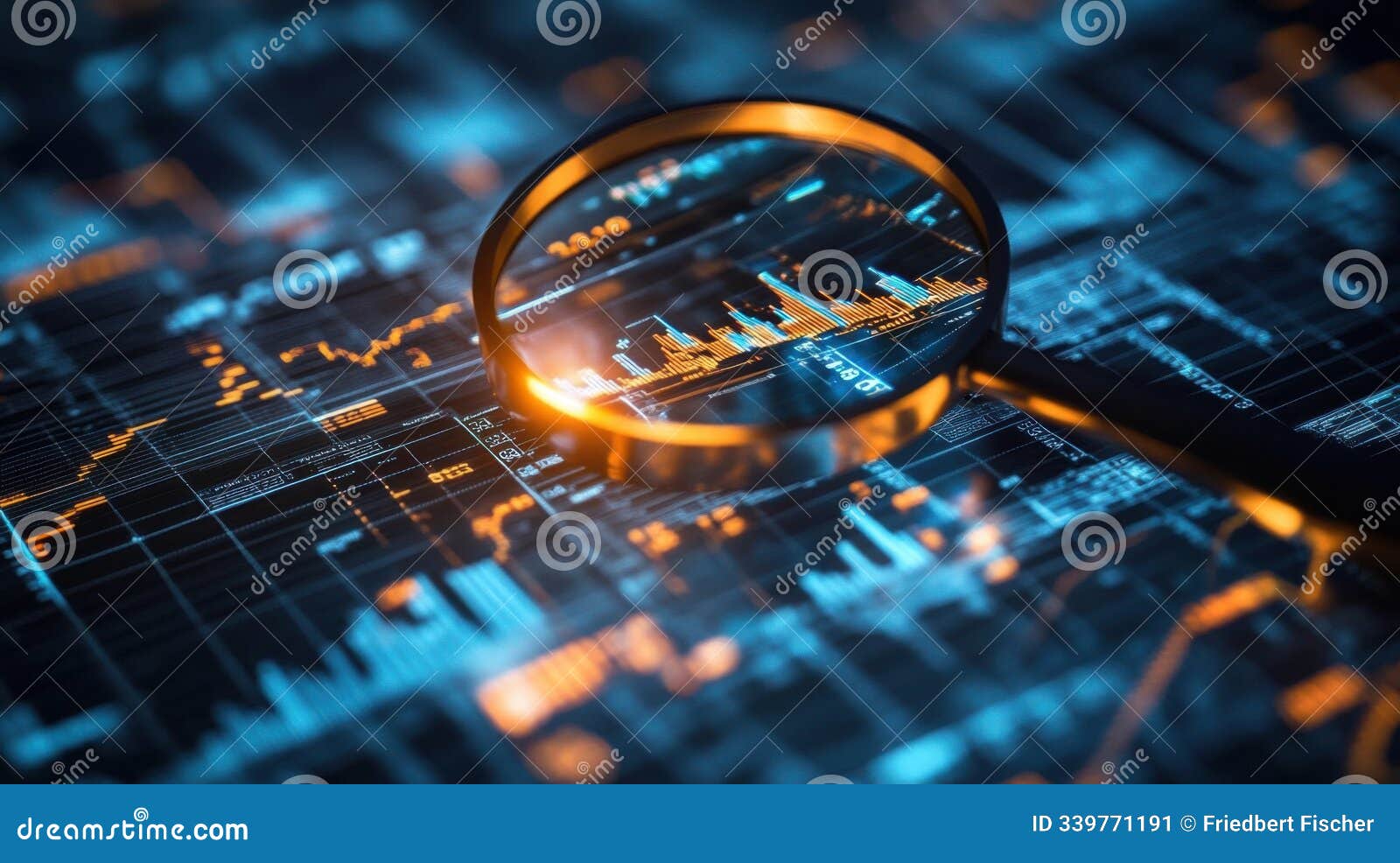 Magnifying Glass Focusing on Digital Financial Graph on High-Tech ...
