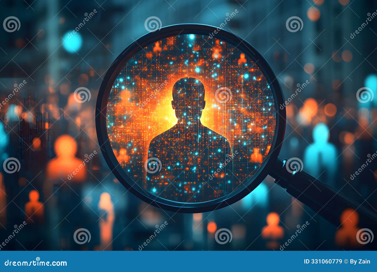 Magnifying Glass Focusing on Digital Human Silhouette, Symbolizing Data ...
